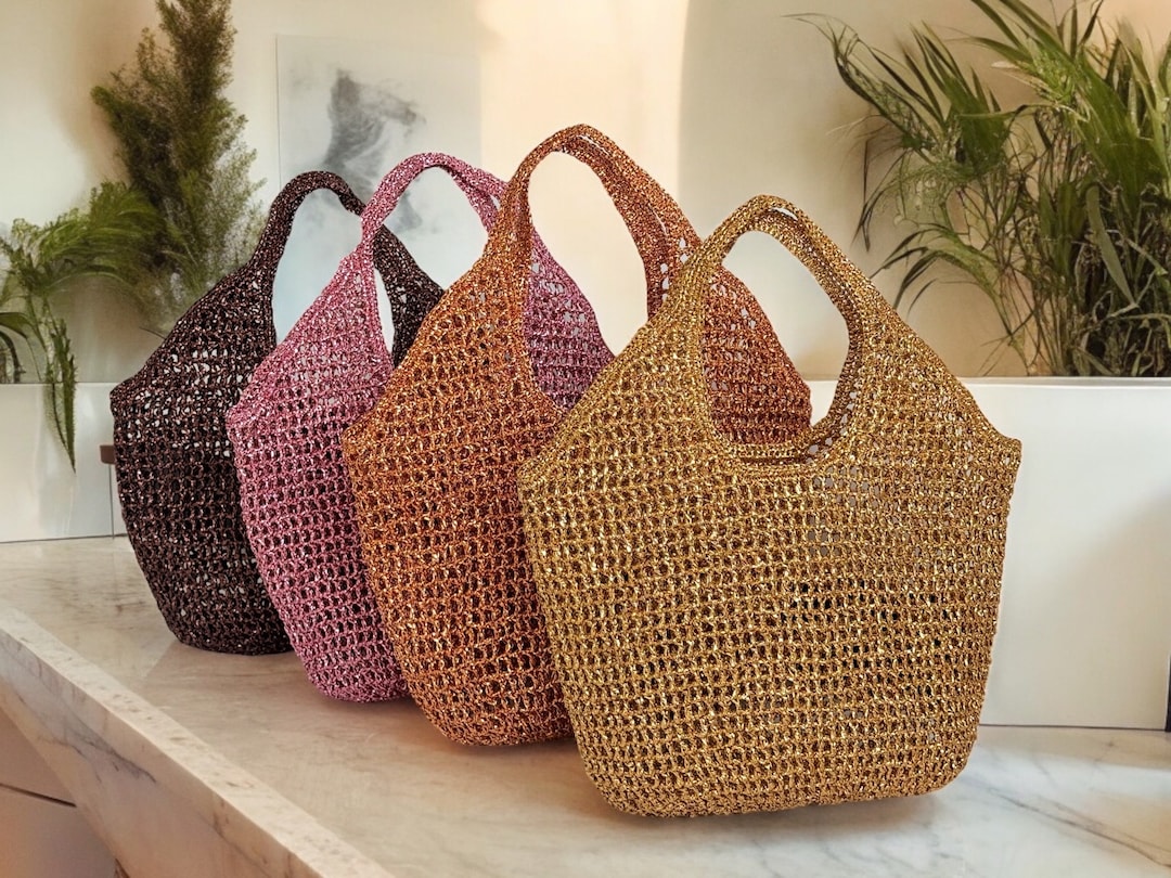 Gold Metallic Raffia Mesh Beach Tote Bag,woven Beach Large Shoulder Bag ...