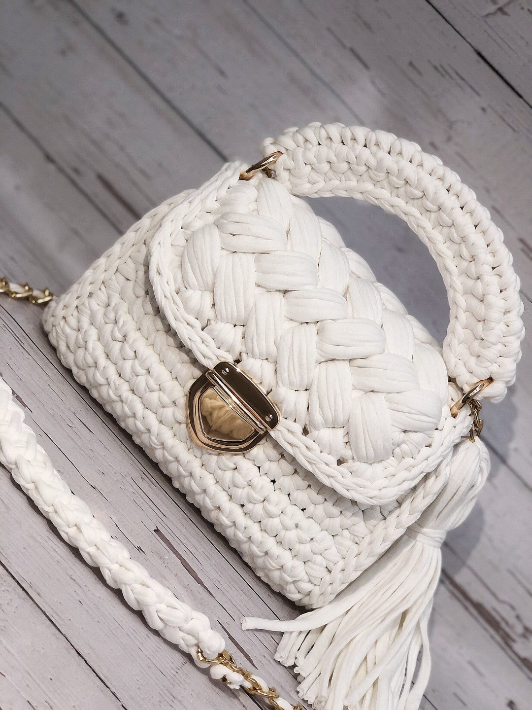 Hand Knitted Design White Bag / Handmade Crochet Shoulder Bag / Hand ...