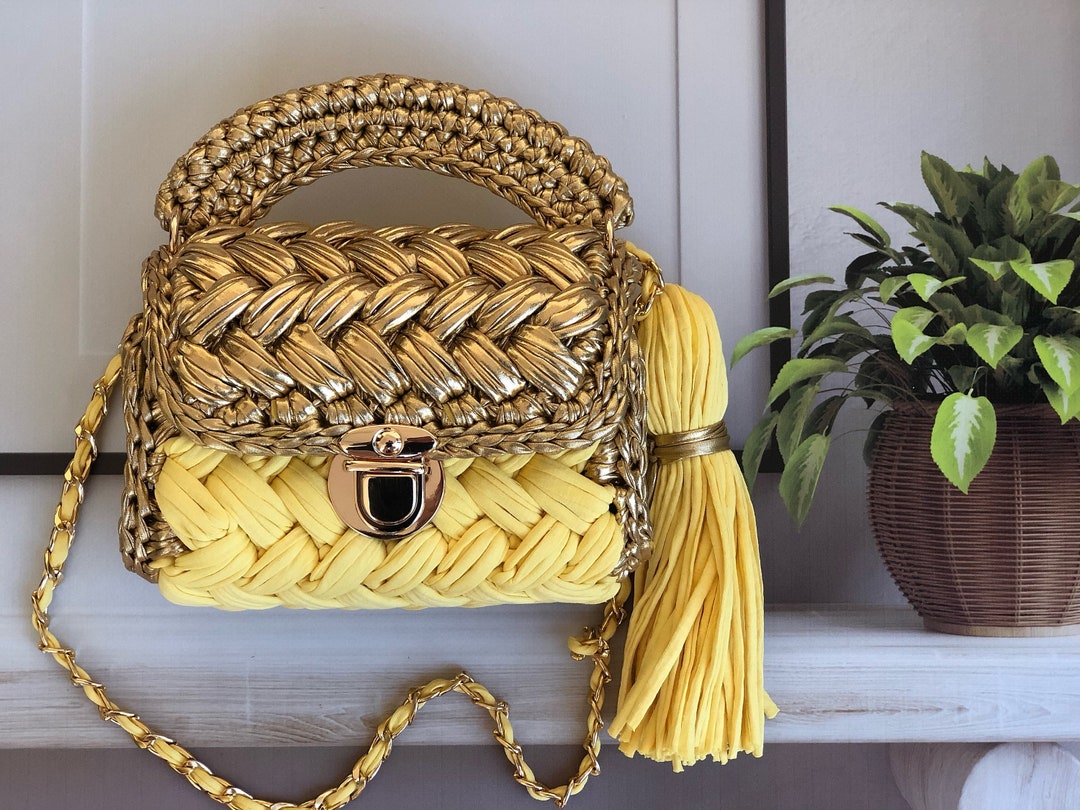 Personalized Crochet Metallic Bag / Handmade Metallic Yellow Bag / Luxury Woman Bag - Etsy