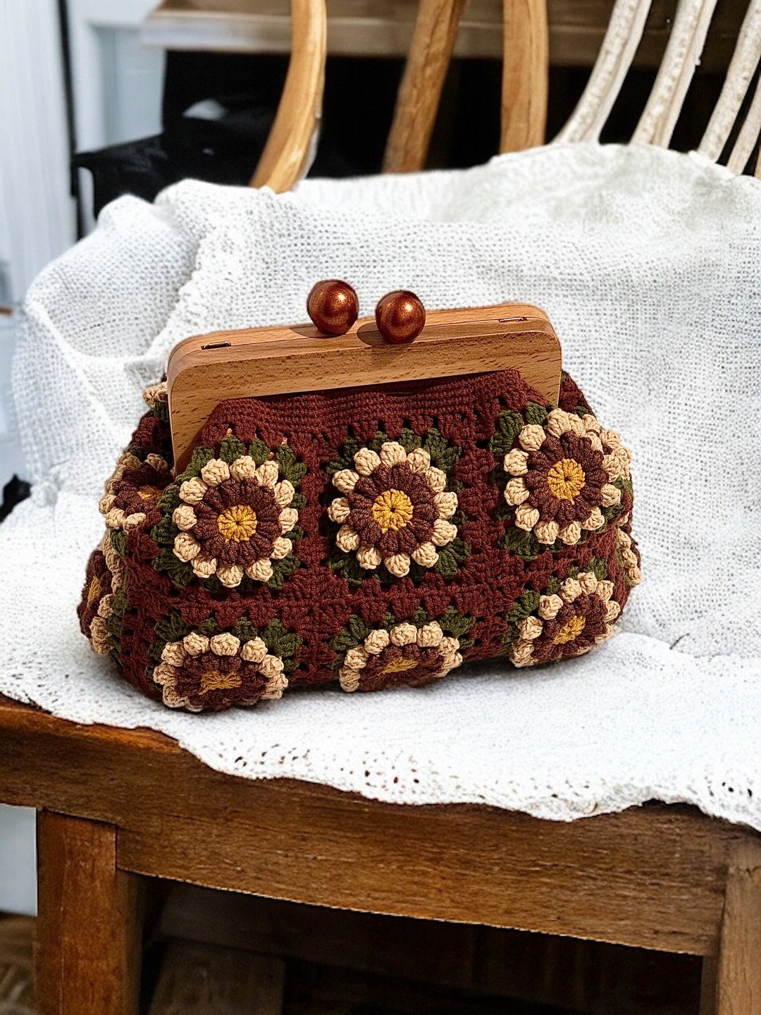 Vintage Granny Square Crochet Clutch Bag,boho Bag With Wooden Clasp ...