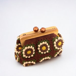 Vintage Granny Square Crochet Clutch Bag,boho Bag With Wooden Clasp ...