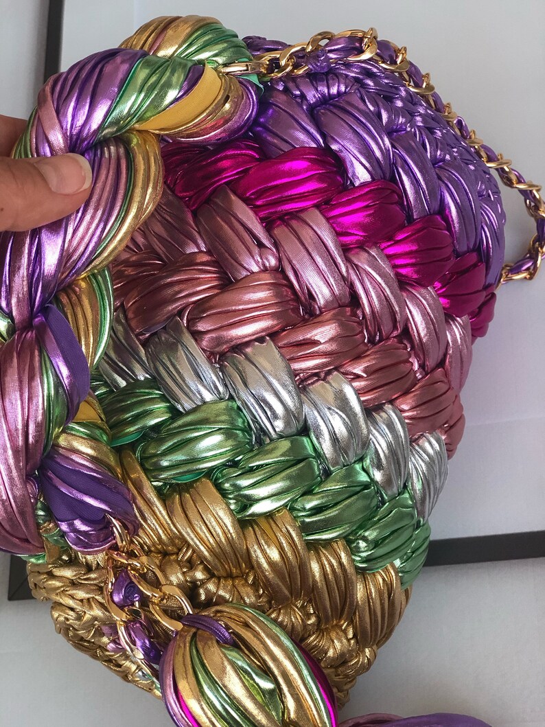 Crochet Colorful Metallic Bag Handmade Colorful Knitted - Etsy