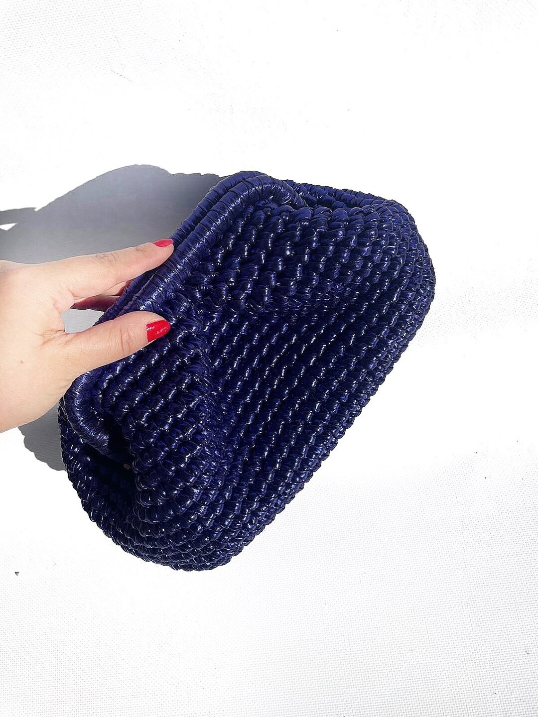 Navy Blue Crochet Metallic Raffia Clutch Bag,evening Knitted Pouch Bag ...
