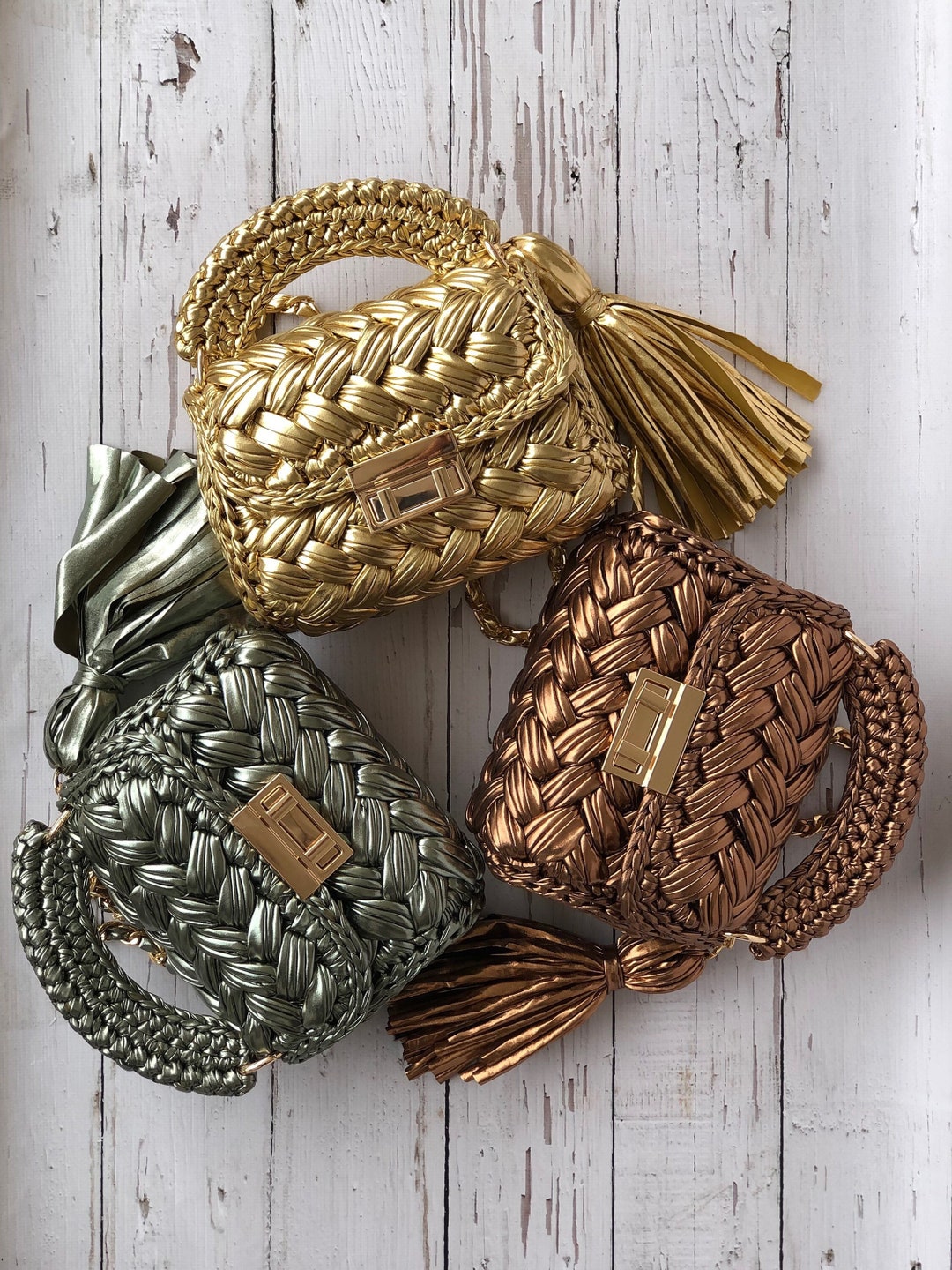 Metallic Leather Crochet Tote Bag,handmade Evening Handbag,hand Woven ...