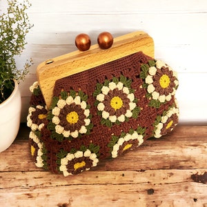 Vintage Granny Square Crochet Clutch Bag,boho Bag With Wooden Clasp ...