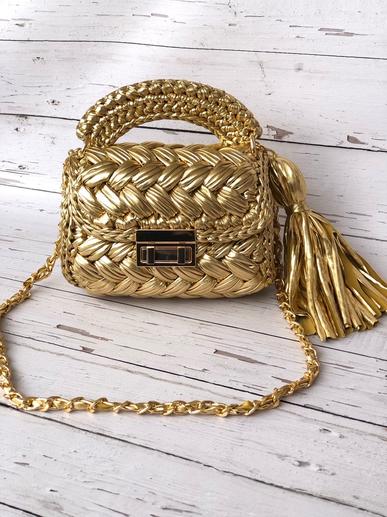 Metallic Leather Crochet Tote Baghandmade Evening - Etsy