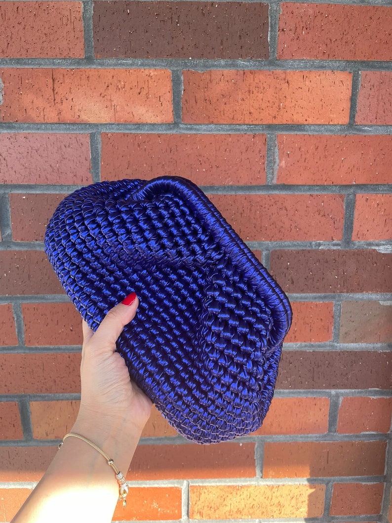 Navy Blue Crochet Metallic Raffia Clutch Bagevening Knitted - Etsy