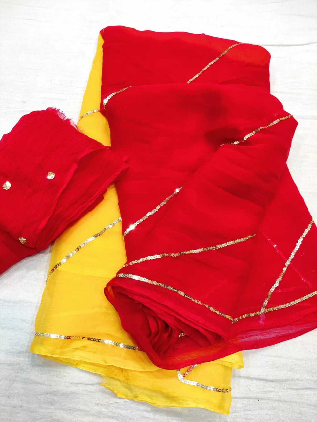 Hand Dyed Chiffon Saree: Red Yellow Sequence Work, Lightweight Flowy ...