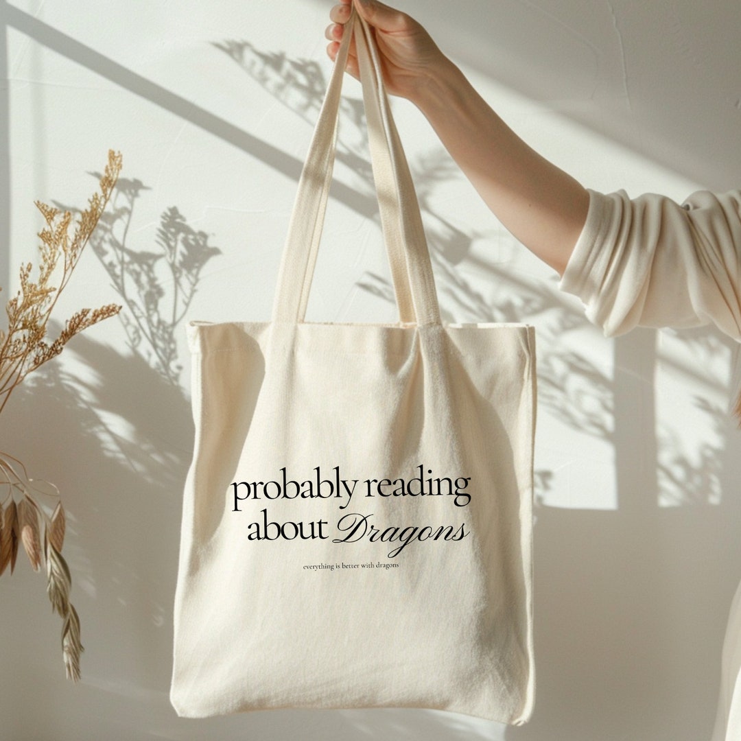 Probably Reading Canvas Tote Bag, Reading About Dragons Bag, Dragon ...