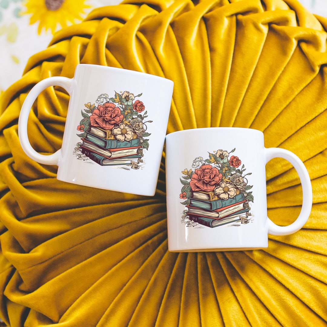Floral Book Stack Mug, Books With Flowers Cup, Book Lover Gift, Gift ...