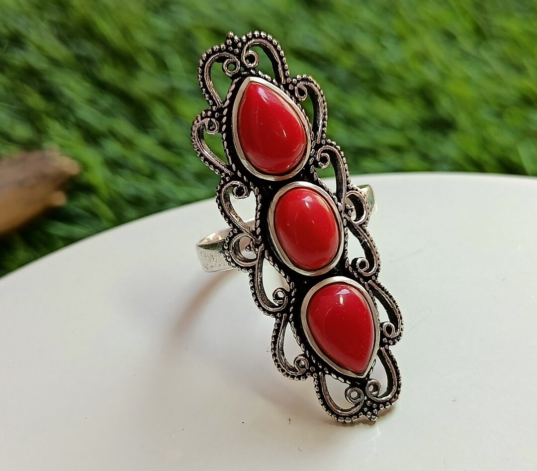 Red Coral Designer Ring, Latest Design Red Coral Ring, Statement Ring ...