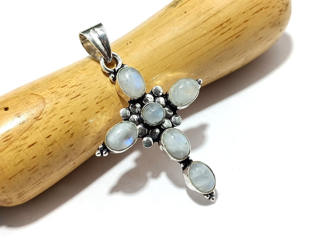 Natural Rainbow Moonstone Silver Plated Pendant ! Moonstone Cross ...