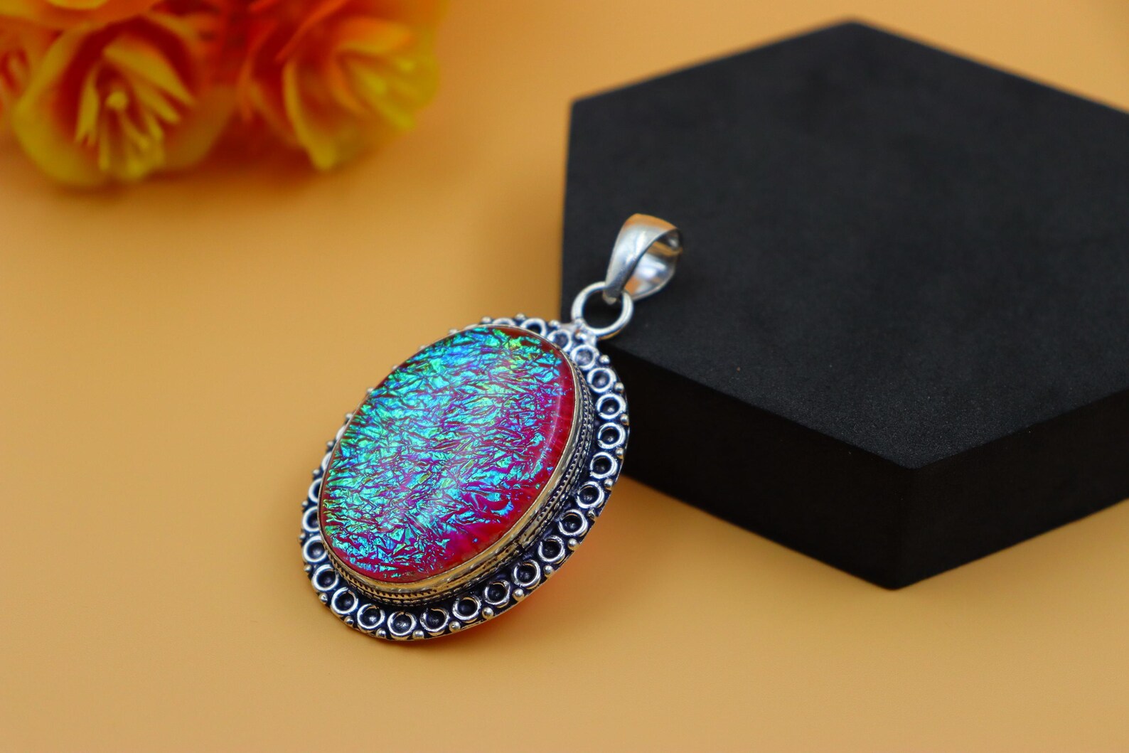 Beautiful Dichroic Glass Stone Handmade Silver Oxidized Pendant ...
