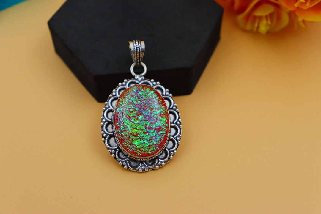 Handmade Silver Oxidized Wide and Big Dico Glass Pendant Necklace\ Dico ...