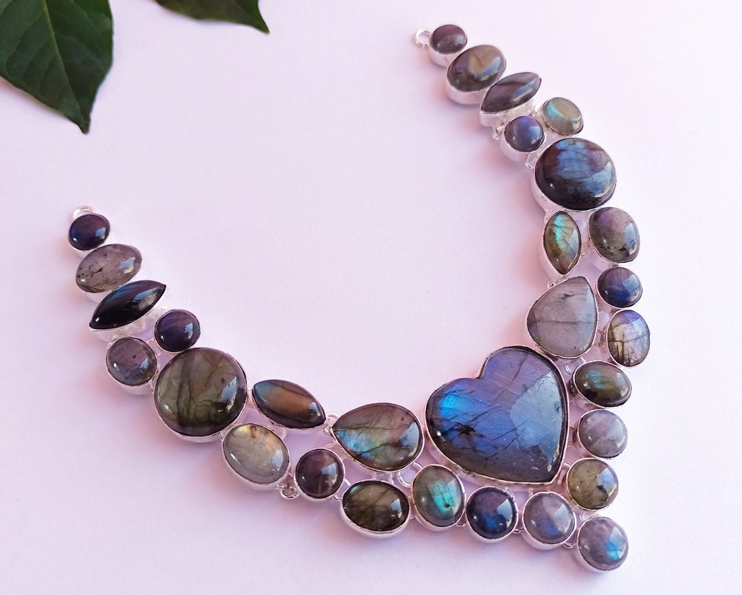 Natural Labradorite Large Silver Plated Necklaceheart Shape Labradorite ...