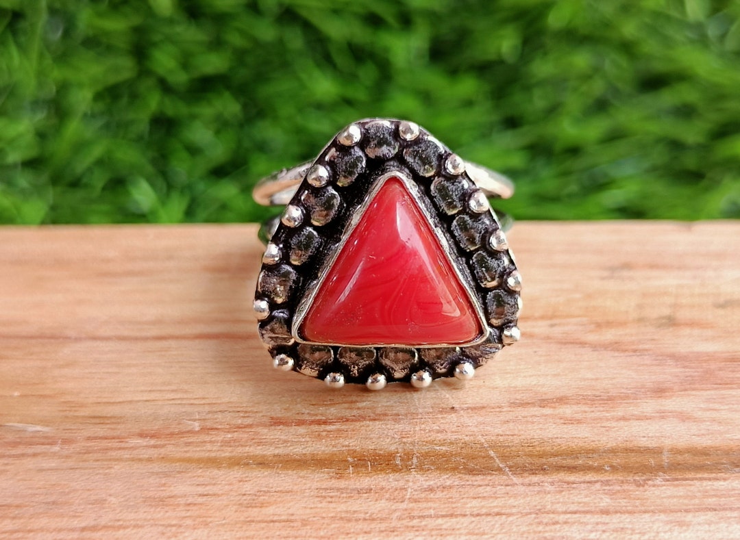 Red Coral Ring\ Tringle Shape Red Coral Ring\ Sterling Silver Plated ...