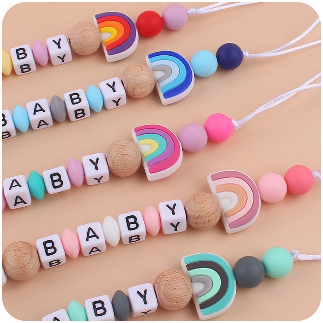 Rainbow Pacifier Attachment Personalized First Name, Beech Round Hole ...