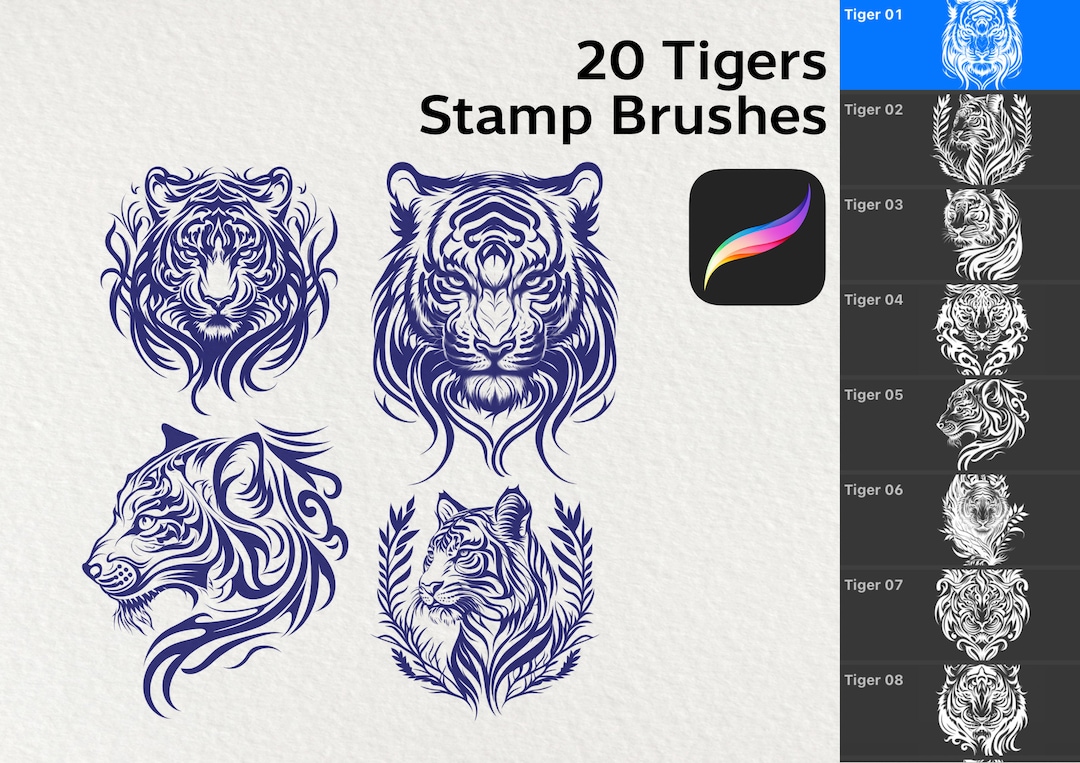 20 Tigers Procreate Brush Set ,tattoo Brushes Stencil Stamps Digital ...