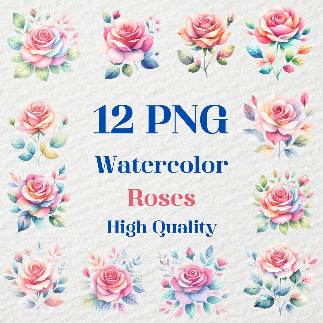 Watercolor Roses Clipart Collection - 12 PNG Rose Designs for ...