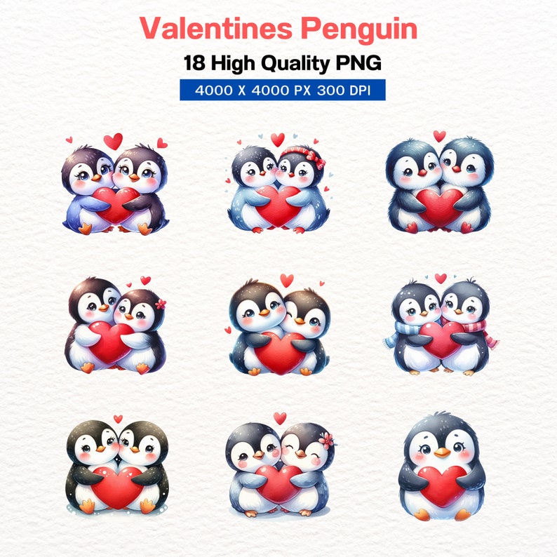 Watercolor Valentine's Penguin Clipart: 18 PNG Files Cute Love Penguins ...