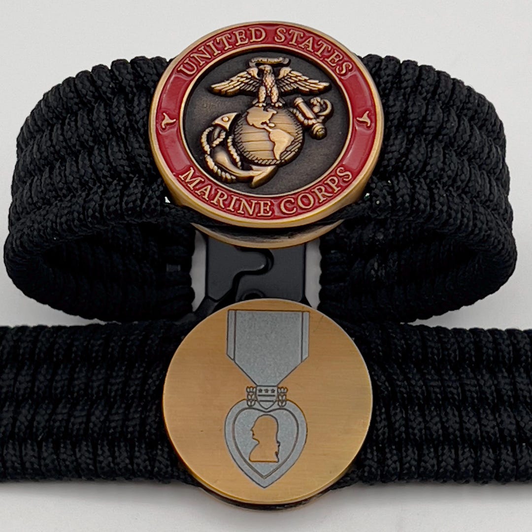 USMC Bracelet: 24k Gold Marine Corps Medallion, Purple Heart Engraving ...