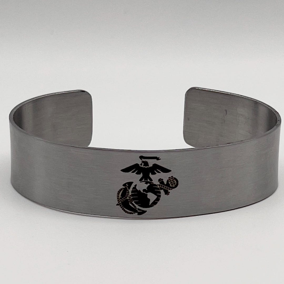 USMC Cuff Bracelet: Engraved Eagle, Globe, Anchor - Brushed Stainless ...