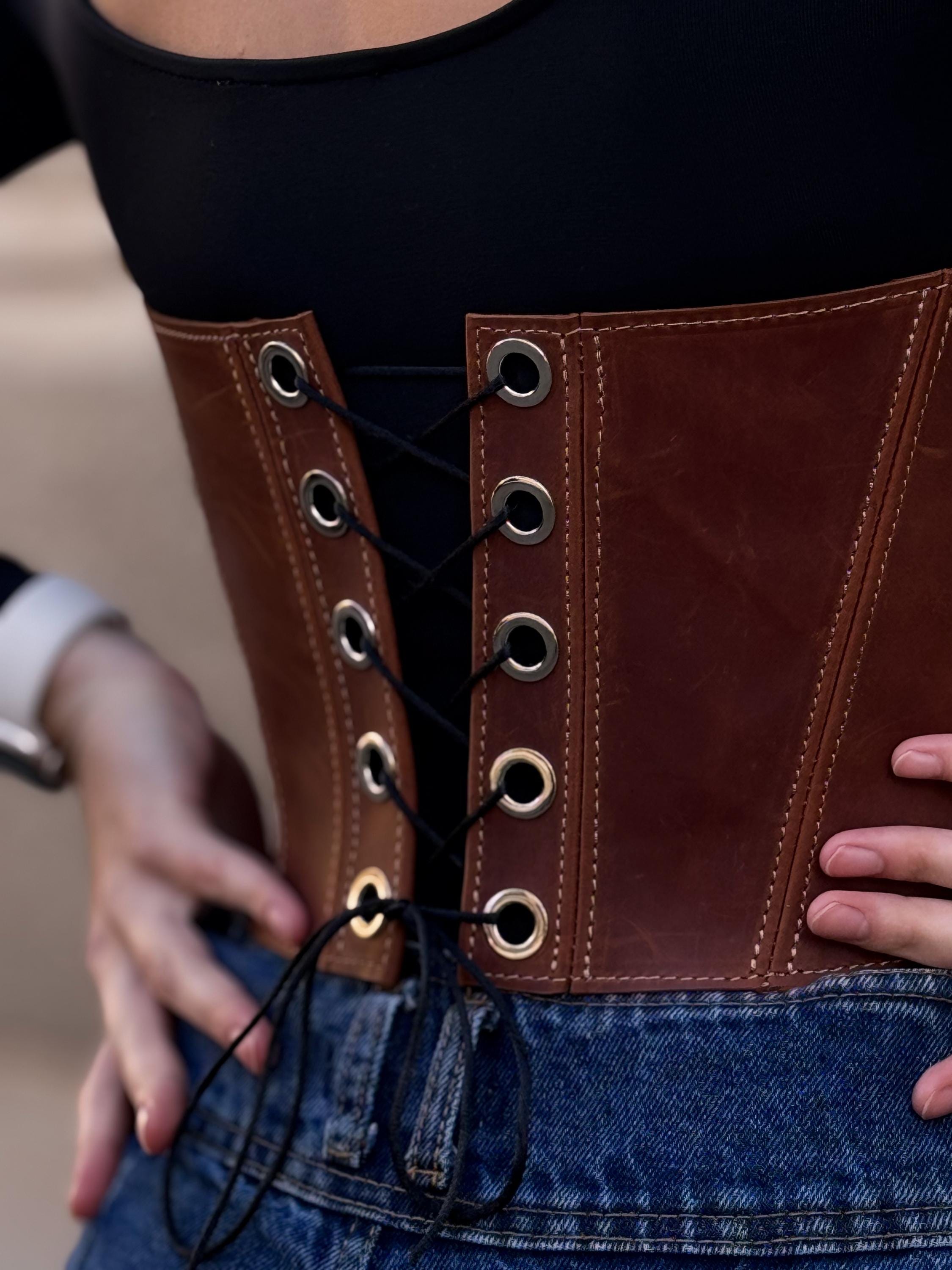 Brown Leather Underbust Corset Belt, Handmade Lace up Back Corset ...