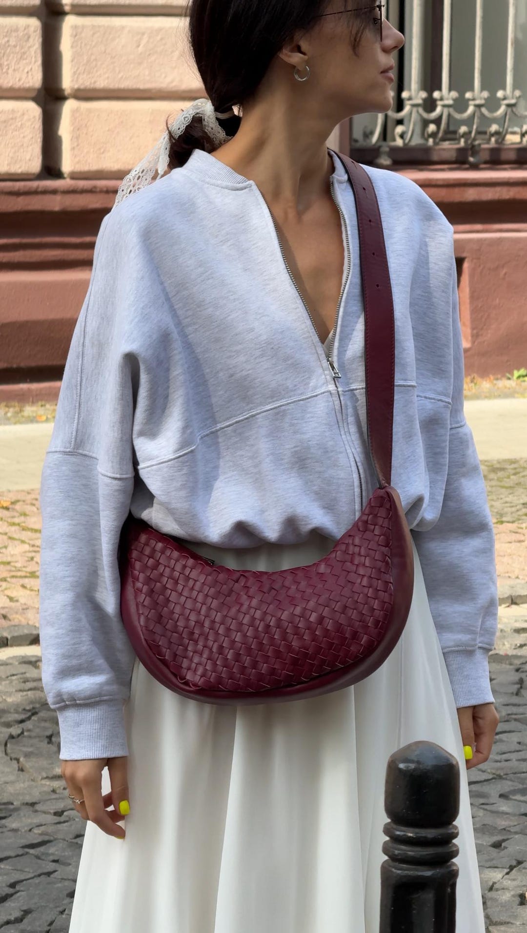Dark Red Half Moon Leather Bag, Casual Leather Bag, Real Leather ...