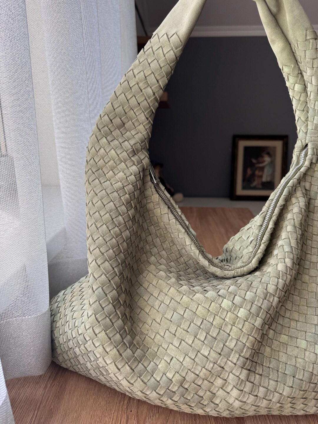 Casual SUEDE Bag, Sage Color Hobo Purse, Pastel Green Women Bag, Soft ...