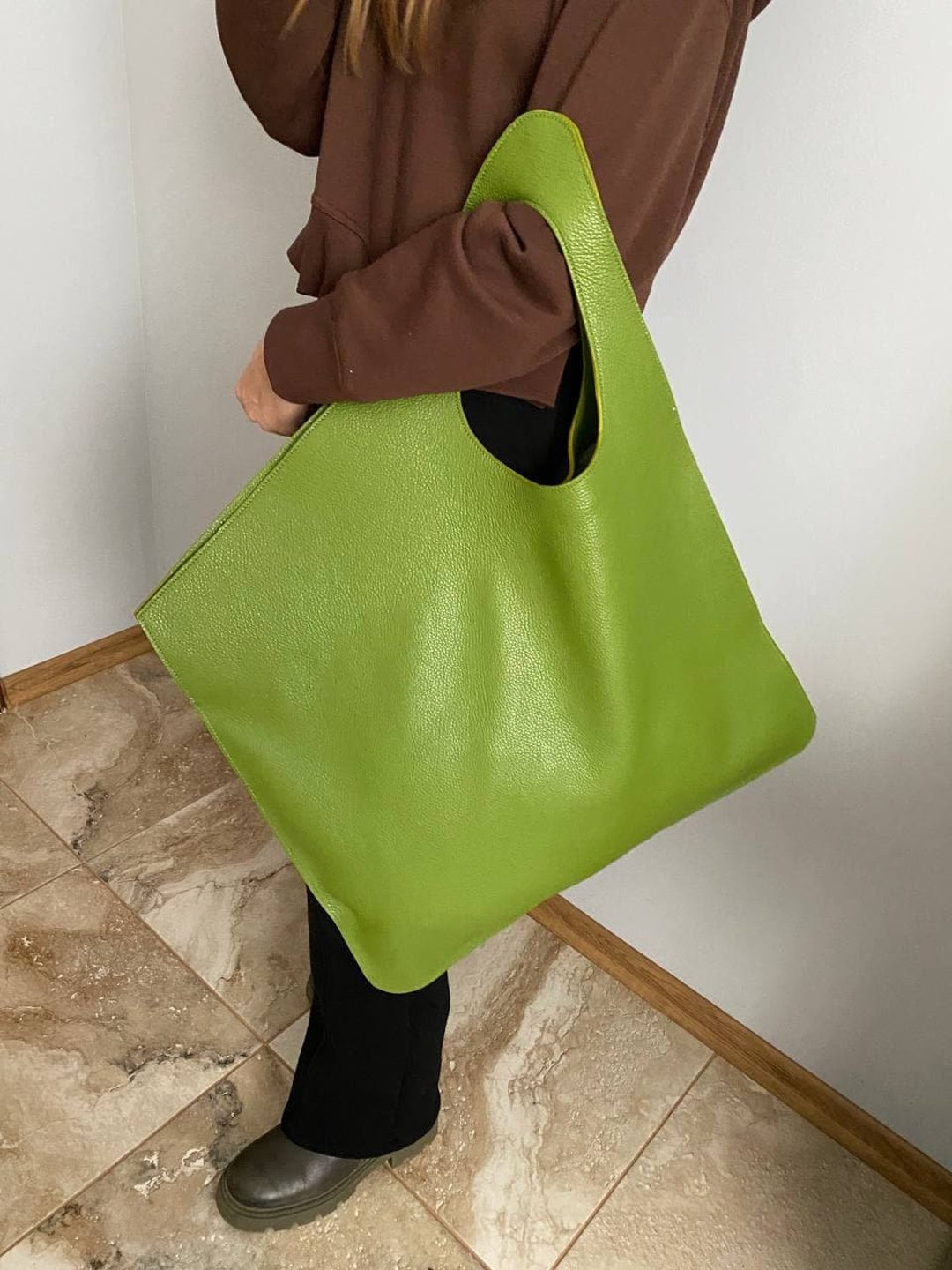 NEW Genuine Leather Green Bag / High Quality Tote Asymmetrical Large ...