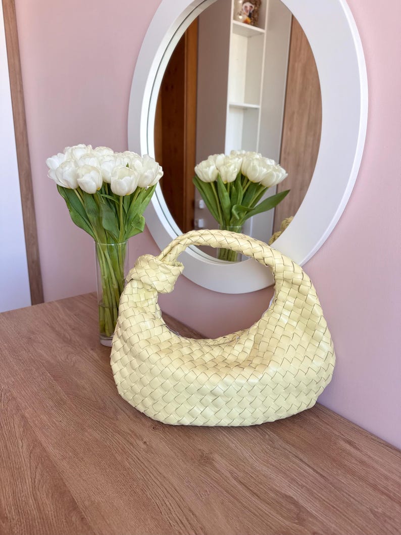 Lemon Leather Hobo Bag, Woven Yellow Shoulder Purse, Braided Handle ...