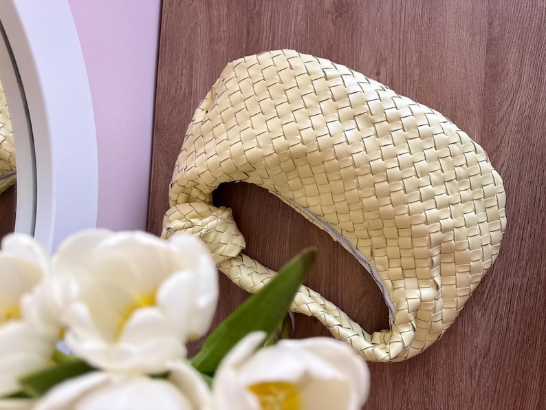 Lemon Leather Hobo Bag, Woven Yellow Shoulder Purse, Braided Handle ...