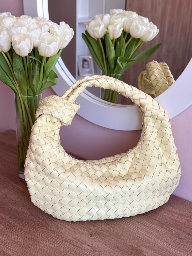 Lemon Leather Hobo Bag, Woven Yellow Shoulder Purse, Braided Handle ...