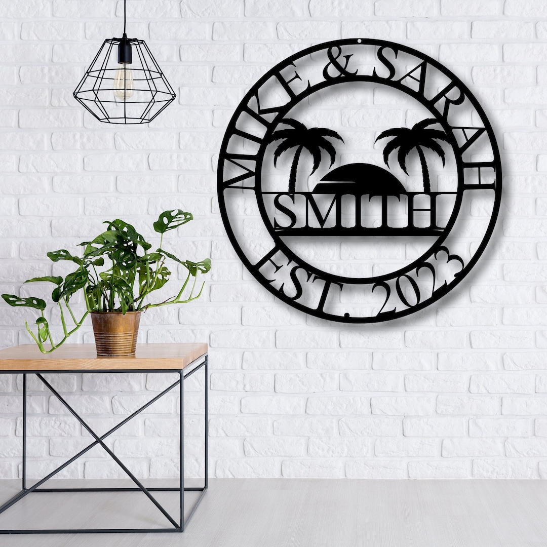 Personalized Metal Sunset Palm Trees Split Monogram Est. Sign-custom ...