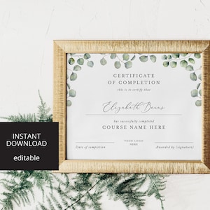 Certificate of Completion, Greenery Certificate, Classes Template ...