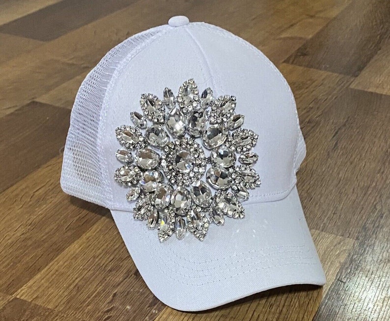Women’s White With White Mesh Back Rhinestone Baseball Cap With ...