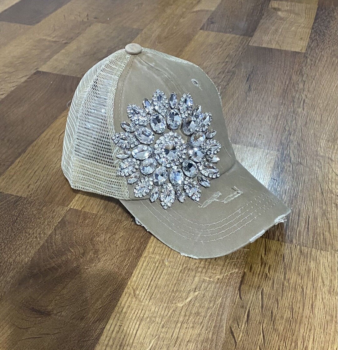 Women’s Distress Khaki With Beige Mesh Back "bling" Rhinestone Baseball ...