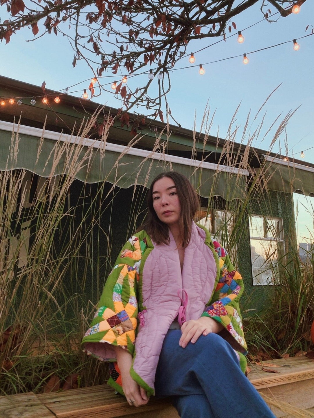 Vintage Double Wedding Ring Green Quilt Robe Coat Wide Sleeves ...