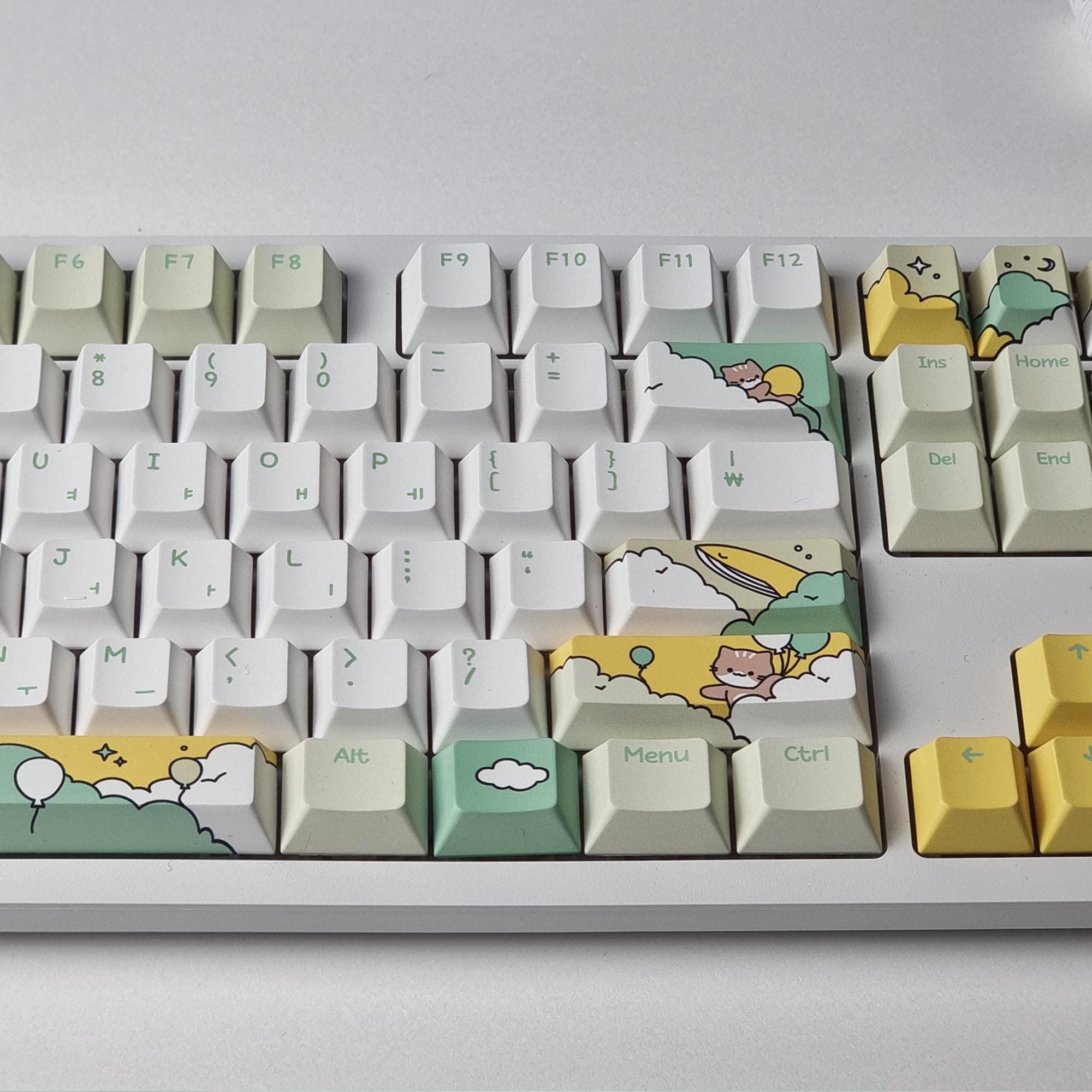 139 Keys Balloon Cat Korean Keycap Set, Cherry, PBT, Cute Dreamy Yellow ...