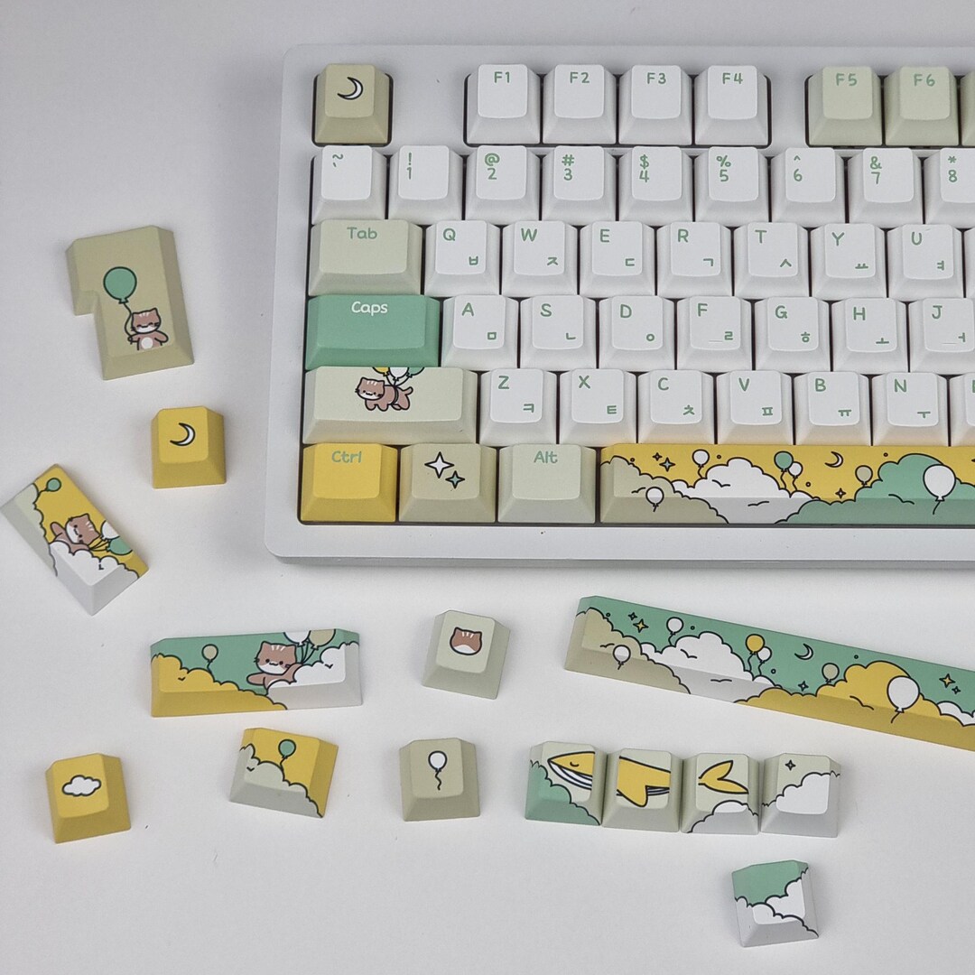 139 Keys Balloon Cat Korean Keycap Set, Cute Dreamy Yellow & Green PBT ...