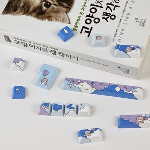 139 Keys Balloon Cat Korean Keycap Set, Cherry, PBT, Cute Dreamy Blue ...