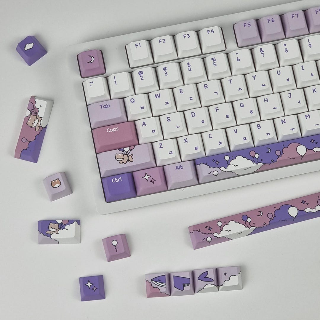139 Keys Balloon Cat Korean Keycap Set, Cherry, PBT, Cute Dreamy Purple ...