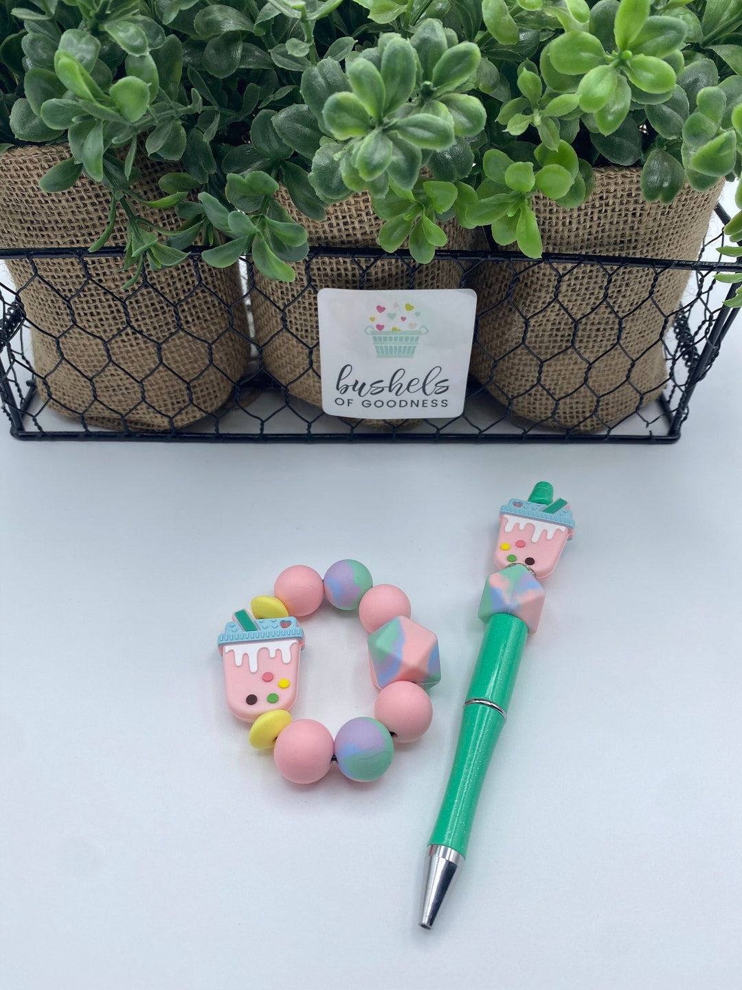 Pen and Charm Set Boba Drink Silicone Beaded Charm Pens Cute Charms ...