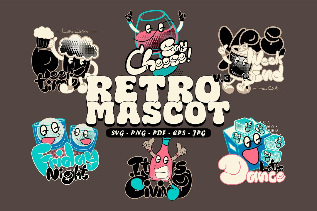 Retro Mascot & Cartoons Characters SVG, PNG Clipart Digital Download ...