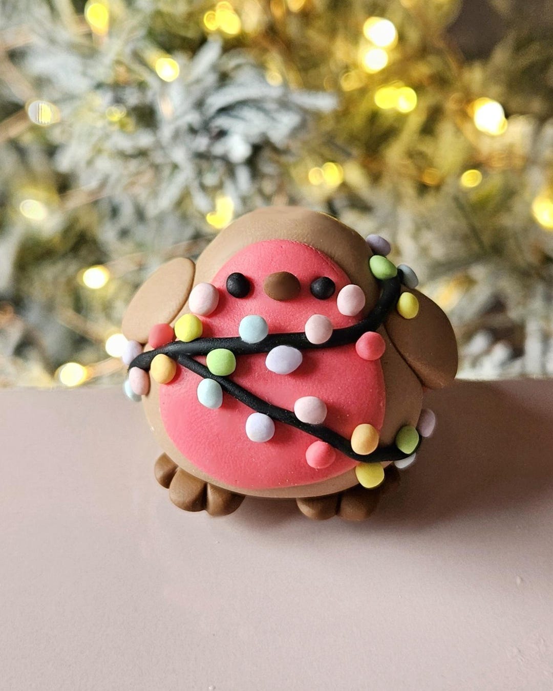 Robin Wrapped in Christmas Lights – Handmade Polymer Clay Figurine ...