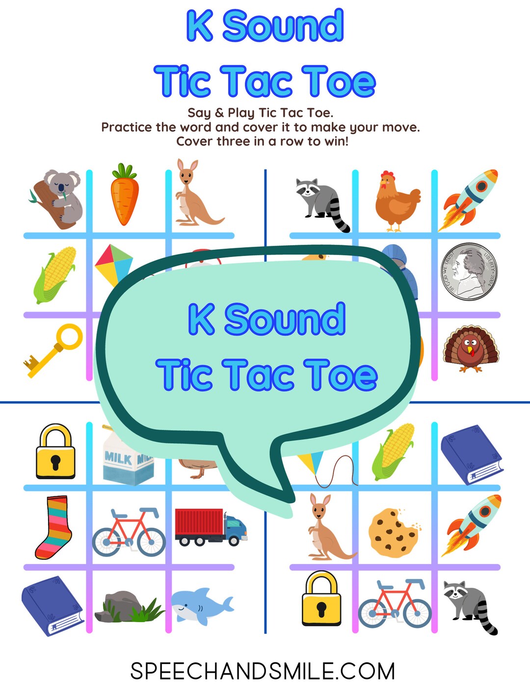 K Sound Tic-tac-toe PRINTABLE Speech Sounds Tic-tac-toe Print and Play ...