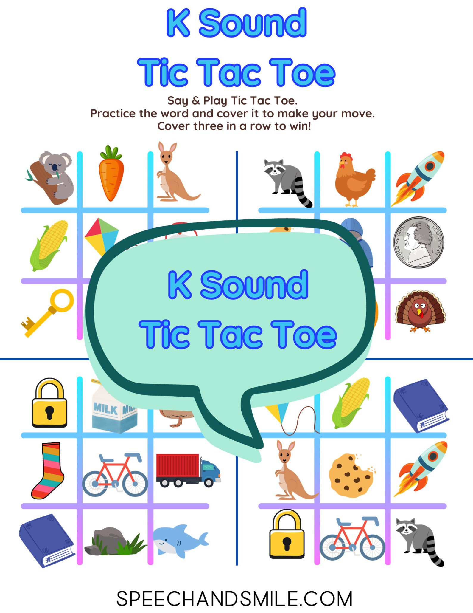 K Sound Tic-tac-toe PRINTABLE Speech Sounds Tic-tac-toe Print and Play ...