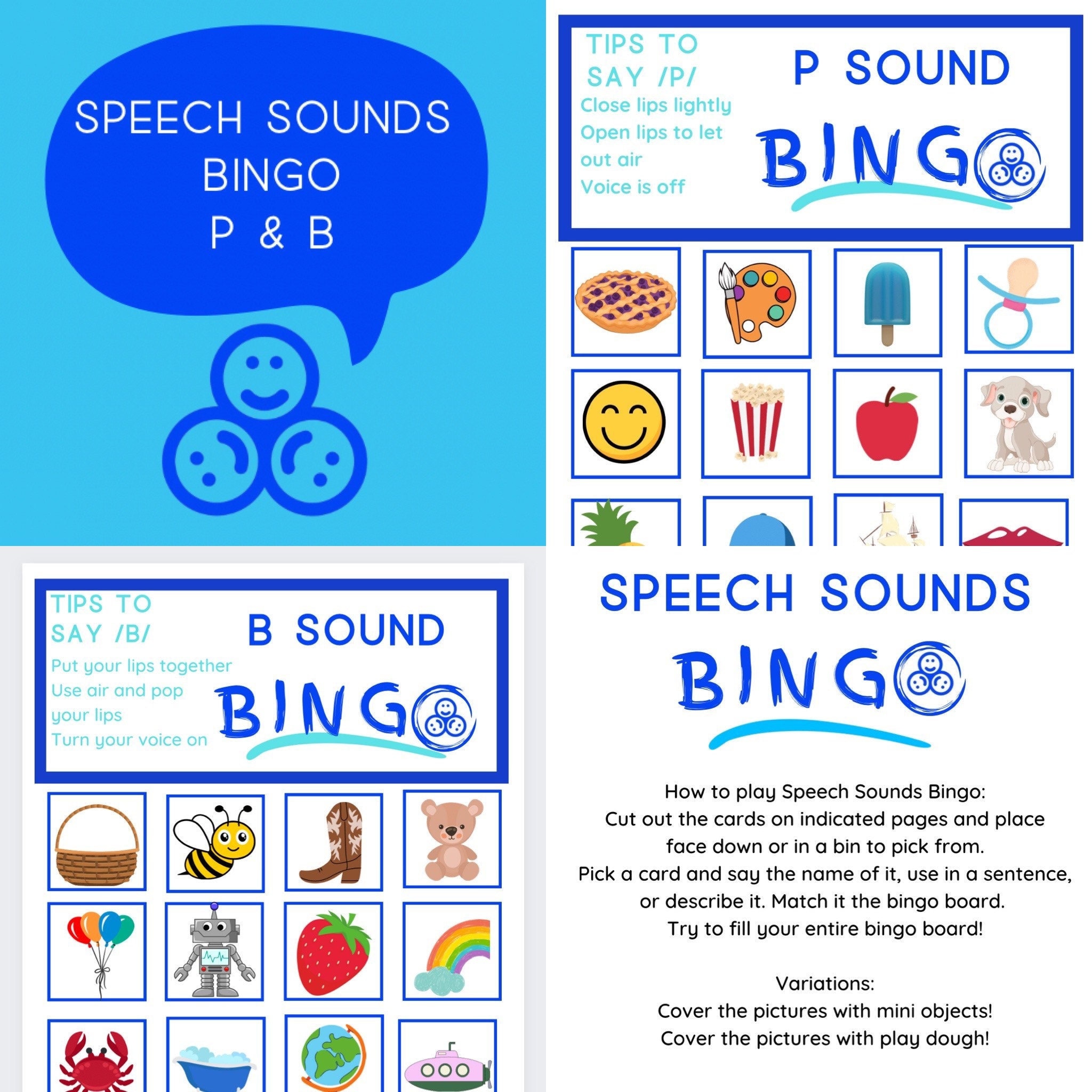 P and B Sounds Printable Bingo Matching Game-speech Therapy Printable ...