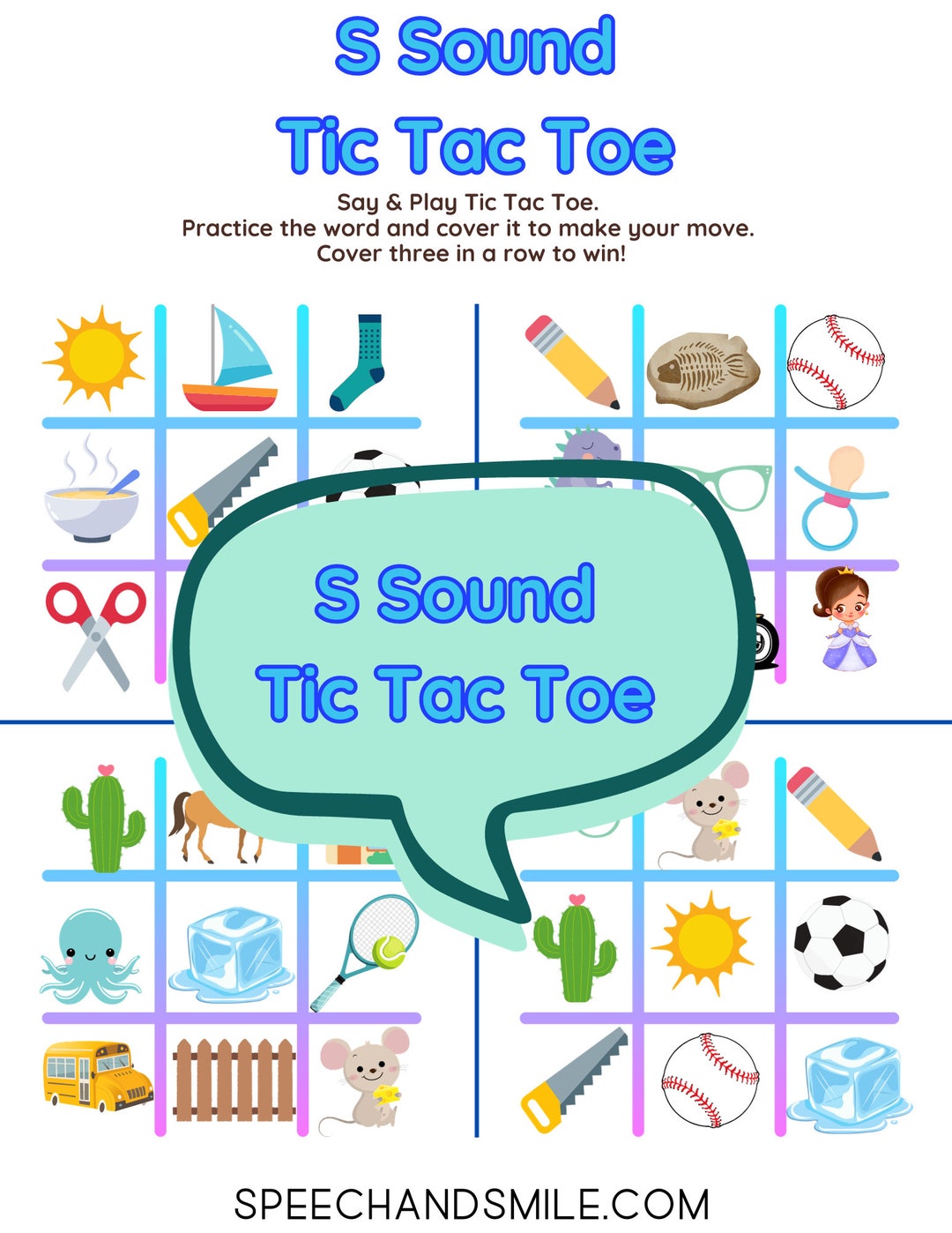 S Sound Tic-tac-toe PRINTABLE Speech Sounds Tic-tac-toe Print and Play ...