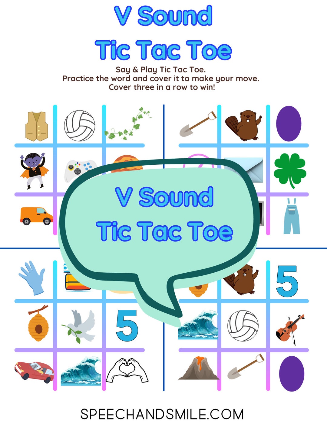 V Sound Tic-tac-toe PRINTABLE Speech Sounds Tic-tac-toe Print and Play ...